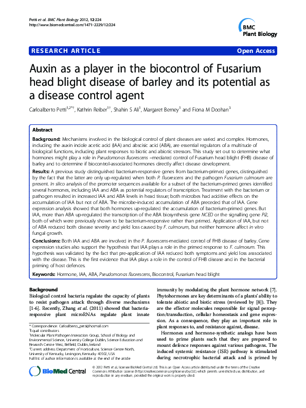 (PDF) Auxin as a player in the biocontrol of Fusarium head blight disease of barley and its ...