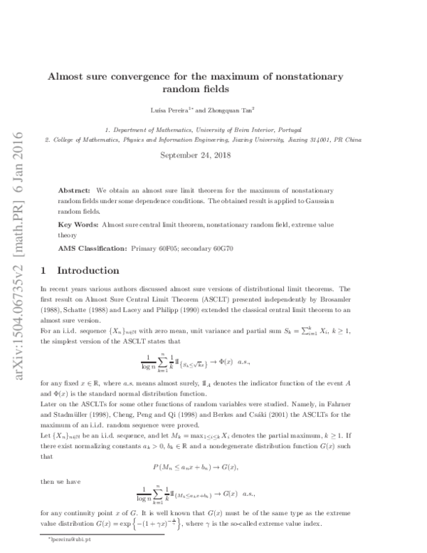 (PDF) Almost Sure Convergence for the Maximum of Nonstationary Random Fields
