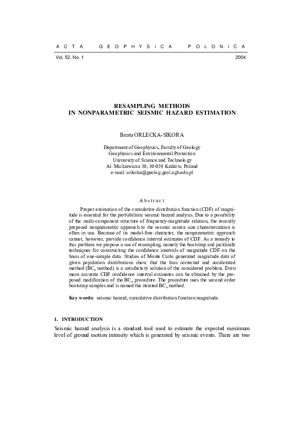 (PDF) Resampling methods in nonparametric seismic hazard estimation