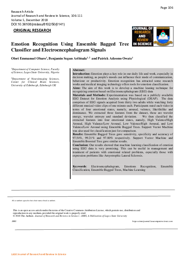 (PDF) Emotion Recognition Using Ensemble Bagged Tree Classifier and Electroencephalogram Signals