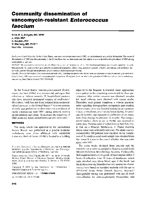 (PDF) Community dissemination of vancomycin-resistant Enterococcus faecium | Yi-Wei Tang ...
