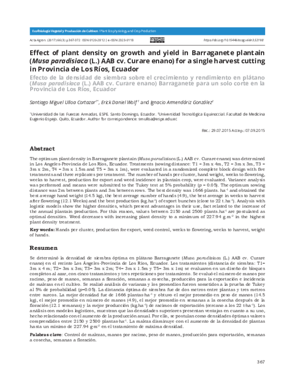 (PDF) Effect of plant density on growth and yield in Barraganete ...