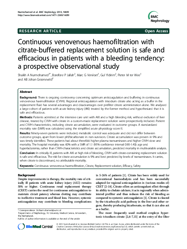 (PDF) Continuous venovenous haemofiltration with citrate-buffered replacement solution is safe ...