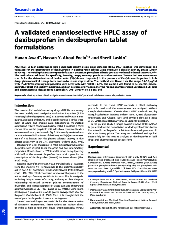 (PDF) A validated enantioselective HPLC assay of dexibuprofen in ...