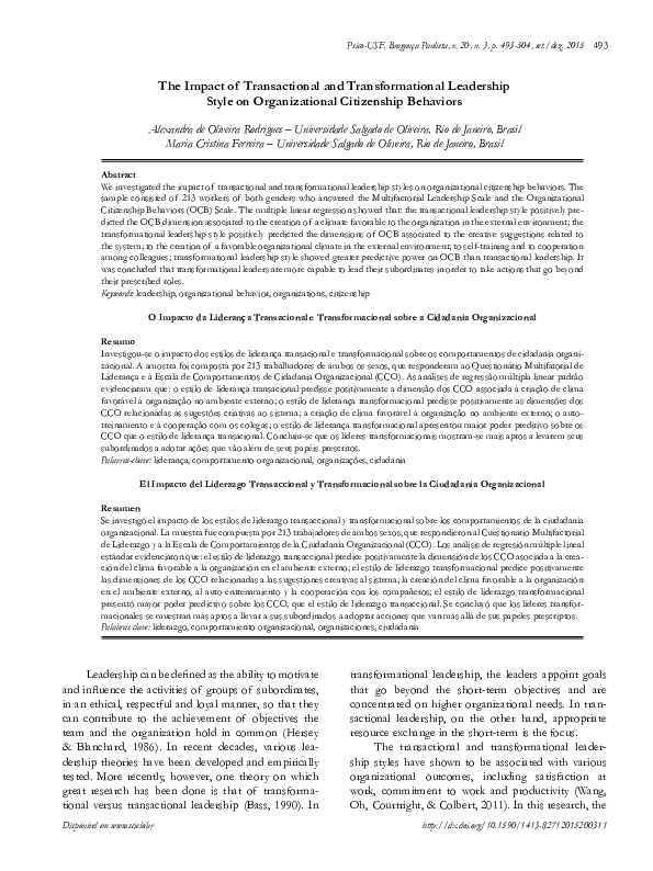 (PDF) The Impact of Transactional and Transformational Leadership Style on Organizational ...