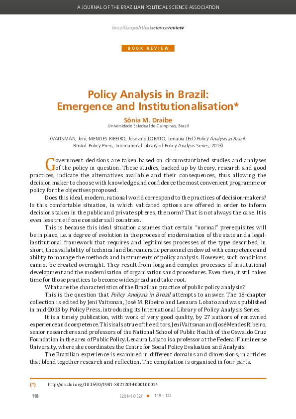 (PDF) Policy Analysis in Brazil: Emergence and Institutionalisation