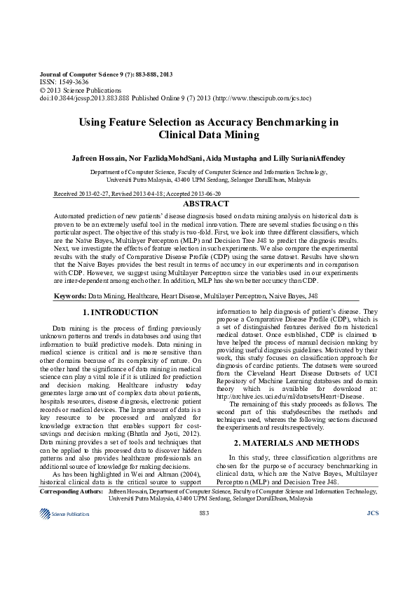 (PDF) Using feature selection as accuracy benchmarking in clinical data mining