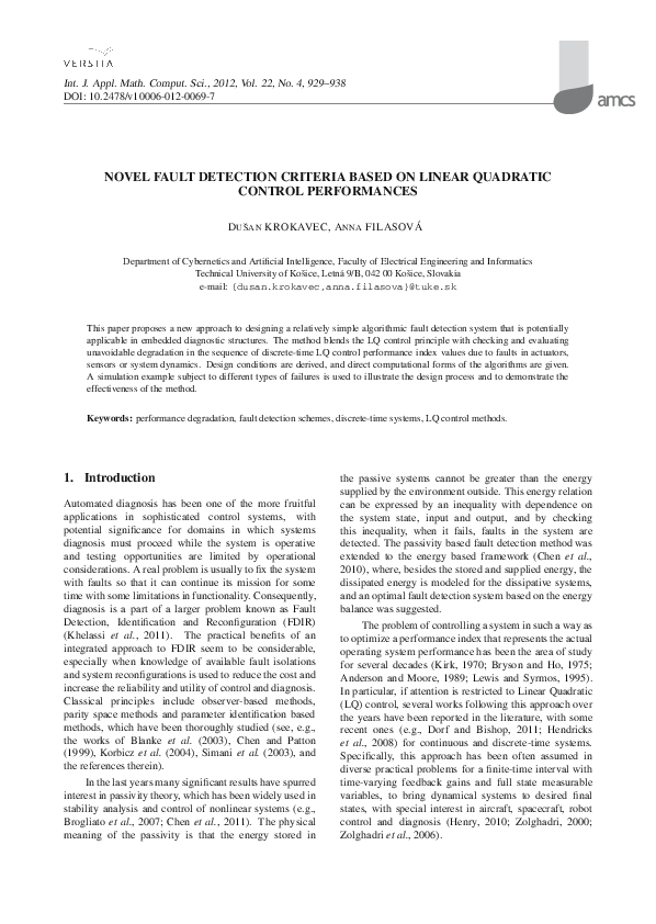 (PDF) Novel fault detection criteria based on linear quadratic control performances