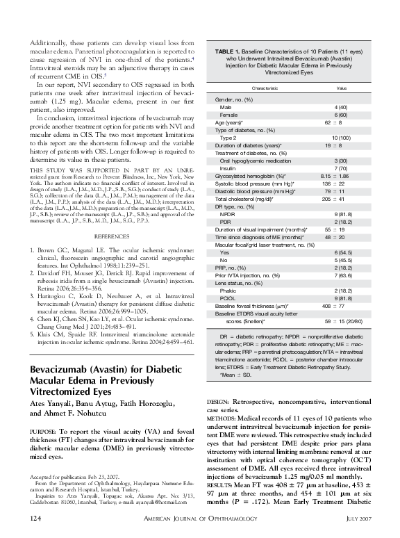 (PDF) Bevacizumab (Avastin) for Diabetic Macular Edema in Previously ...