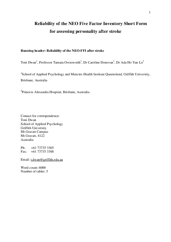 (PDF) Reliability of the NEO Five Factor Inventory short form for ...