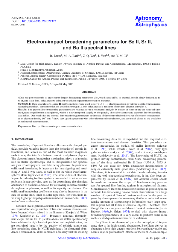 (PDF) Electron-impact broadening parameters for Be II, Sr II, and Ba II ...