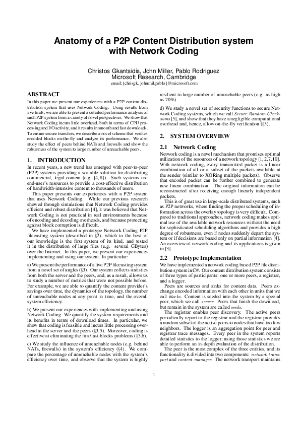 (PDF) Anatomy of a P2p Content Distribution System With Network Coding