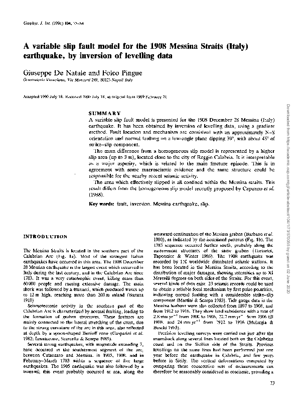 (PDF) A Variable Slip Fault Model For the 1908 Messina Straits (Italy ...