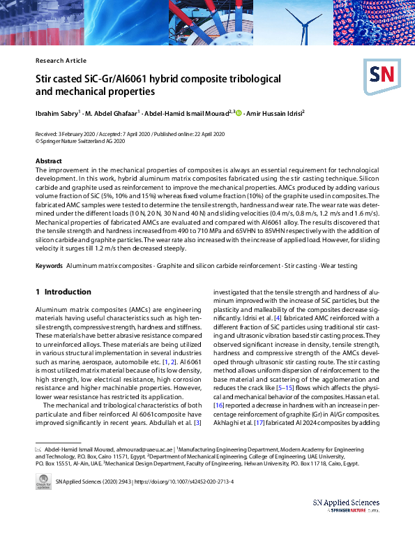 (PDF) Stir casted SiC-Gr/Al6061 hybrid composite tribological and mechanical properties