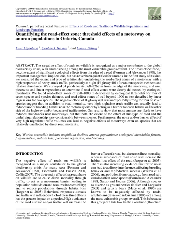 (PDF) Quantifying the Road-Effect Zone: Threshold Effects of a Motorway ...