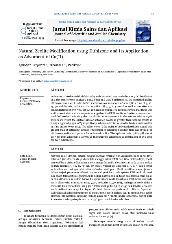 (PDF) Natural Zeolite Modification using Dithizone and Its Application ...