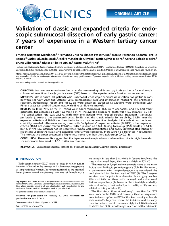 (PDF) Validation of classic and expanded criteria for endoscopic submucosal dissection of early ...