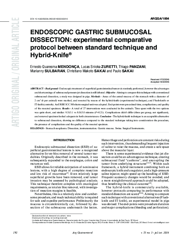 (PDF) ENDOSCOPIC GASTRIC SUBMUCOSAL DISSECTION: experimental comparative protocol between ...