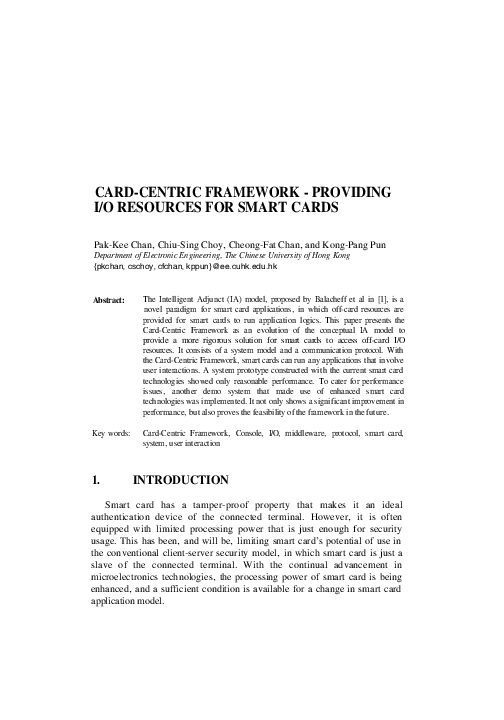 (PDF) Card-Centric Framework - Providing I/O Resources for Smart Cards