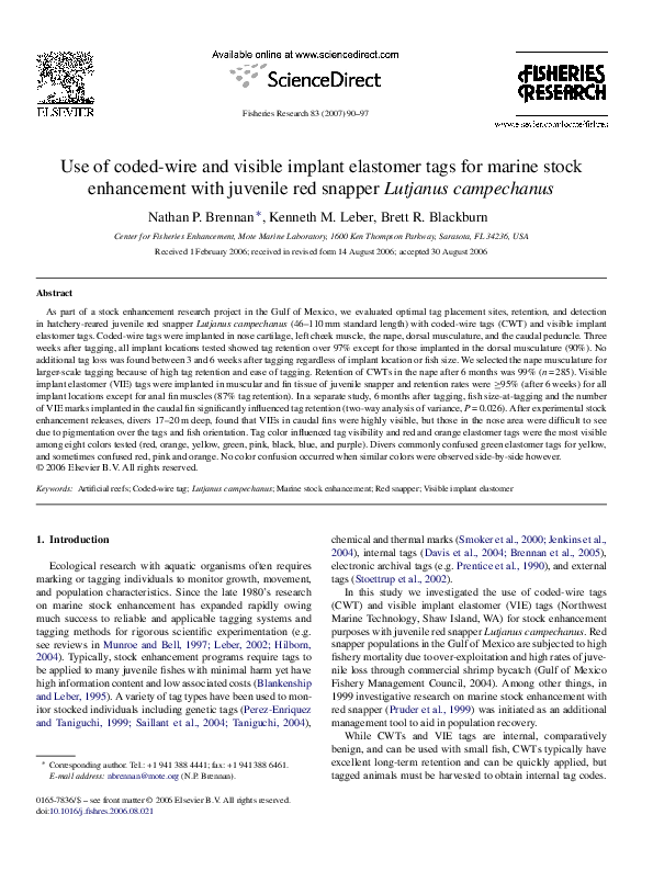 (PDF) Use of coded-wire and visible implant elastomer tags for marine ...