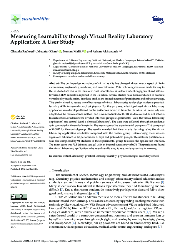 (PDF) Measuring Learnability through Virtual Reality Laboratory Application: A User Study
