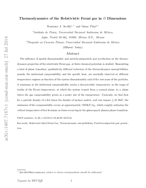 (PDF) Thermodynamics of the relativistic Fermi gas in D dimensions