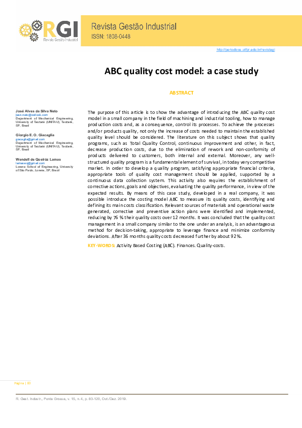 (PDF) ABC quality cost model: a case study