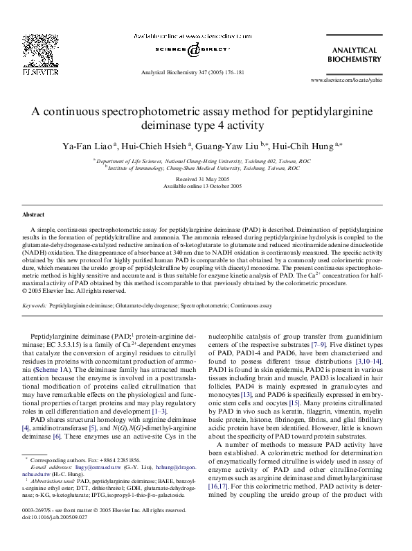 (PDF) A continuous spectrophotometric assay method for peptidylarginine deiminase type 4 activity