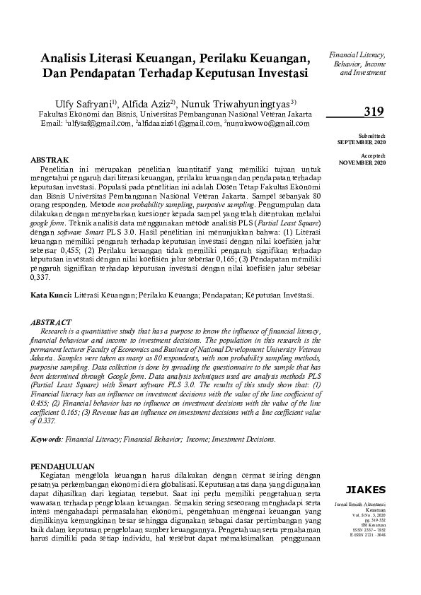 (PDF) Analisis Literasi Keuangan, Perilaku Keuangan, Dan Pendapatan Terhadap Keputusan Investasi