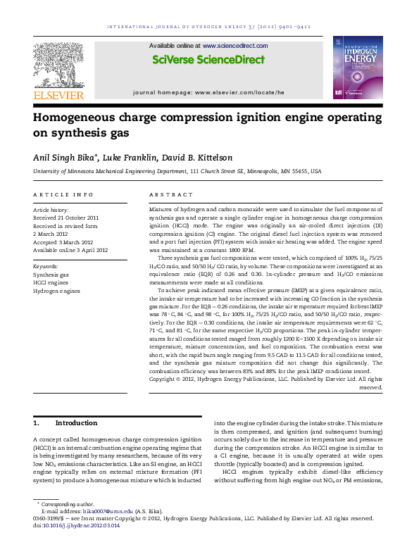 (PDF) Homogeneous charge compression ignition engine operating on synthesis gas
