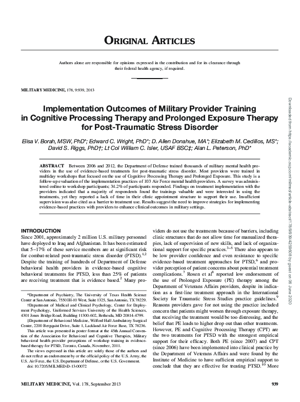 (PDF) Implementation Outcomes of Military Provider Training in ...
