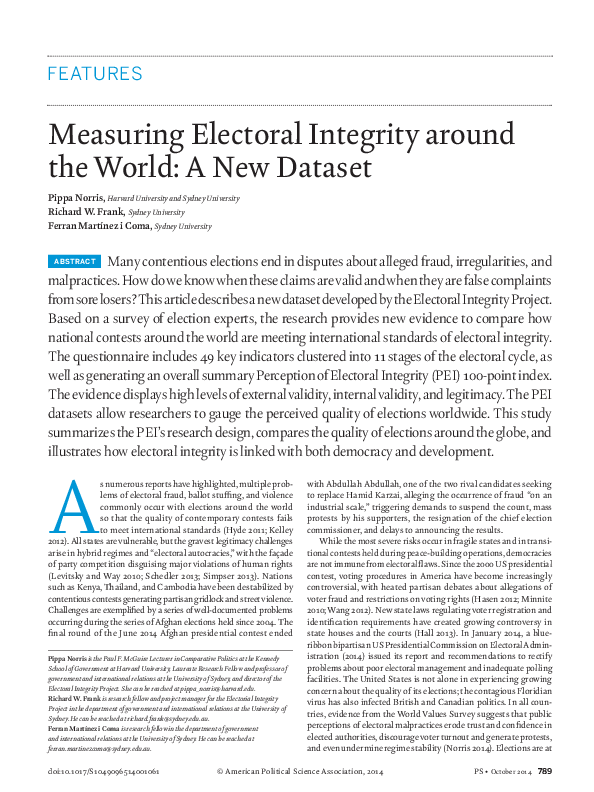 Pdf Measuring Electoral Integrity Around The World A New Dataset 2682
