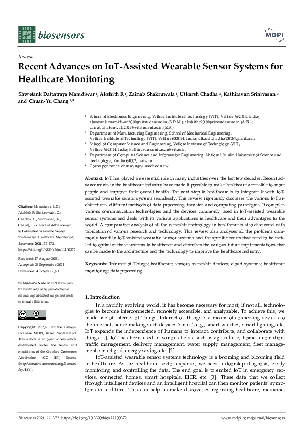 (PDF) Recent Advances on IoT-Assisted Wearable Sensor Systems for Healthcare Monitoring