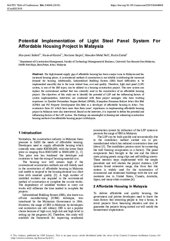 (PDF) Potential Implementation of Light Steel Panel System For ...