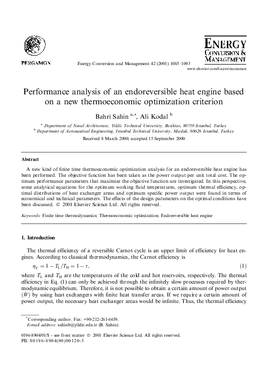 (PDF) Performance analysis of an endoreversible heat engine based on a new thermoeconomic ...
