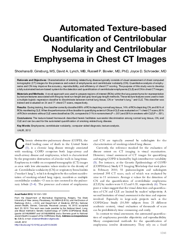 Pdf Automated Texture Based Quantification Of Centrilobular Nodularity And Centrilobular
