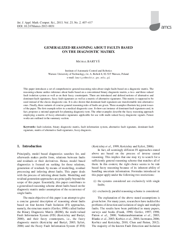 (PDF) Generalized reasoning about faults based on the diagnostic matrix