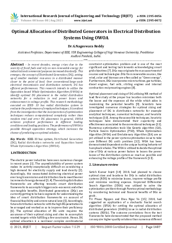 Pdf Irjet Optimal Allocation Of Distributed Generators In Electrical Distribution Systems