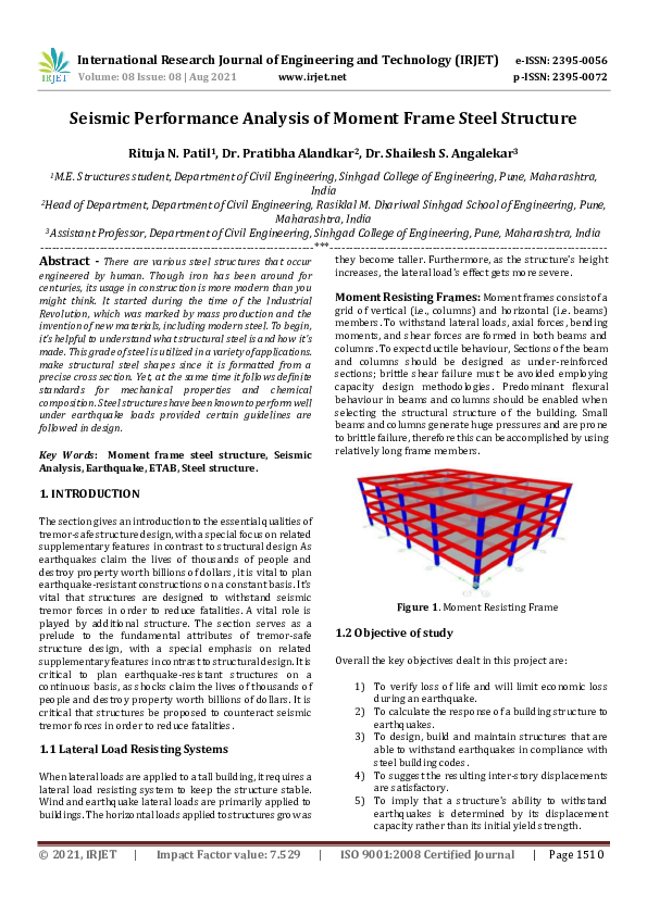 Pdf Irjet Seismic Performance Analysis Of Moment Frame Steel Structure