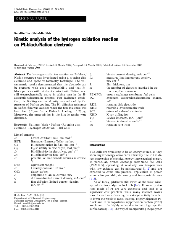 (PDF) Kinetic analysis of the hydrogen oxidation reaction on Pt-black/Nafion electrode