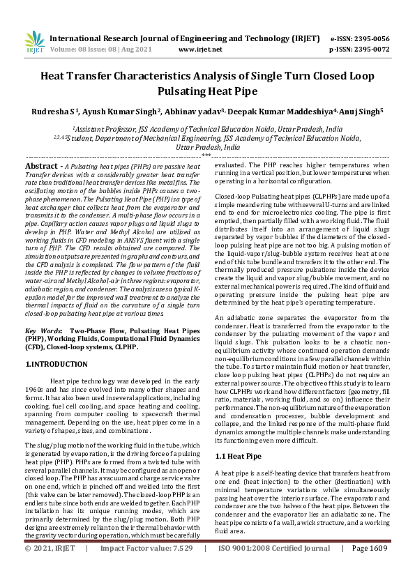 Pdf Irjet Heat Transfer Characteristics Analysis Of Single Turn Closed Loop Pulsating Heat