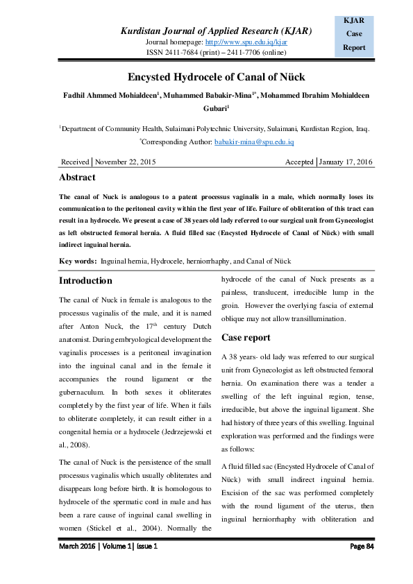 (PDF) Encysted Hydrocele of Canal Of Nück