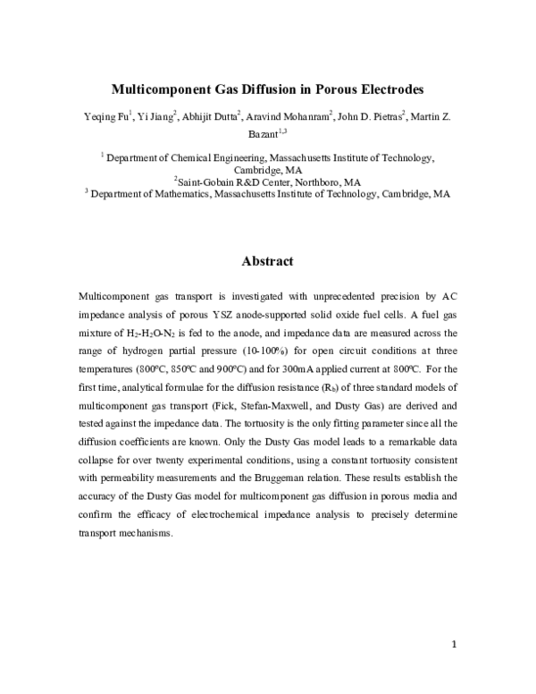 (PDF) Multicomponent Gas Diffusion in Porous Electrodes
