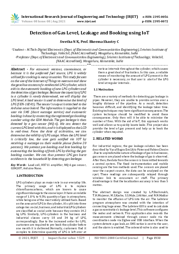 (PDF) IRJET- Detection of Gas Level, Leakage and Booking using IoT