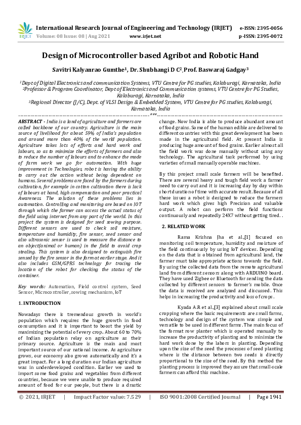 (PDF) IRJET- Design of Microcontroller based Agribot and Robotic Hand