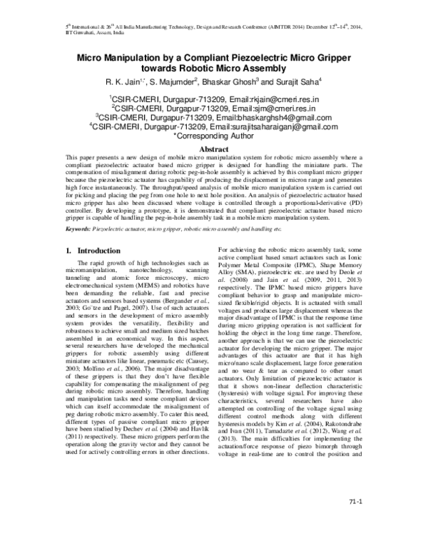 (PDF) Micro manipulation by a compliant piezoelectric micro gripper towards robotic micro assembly