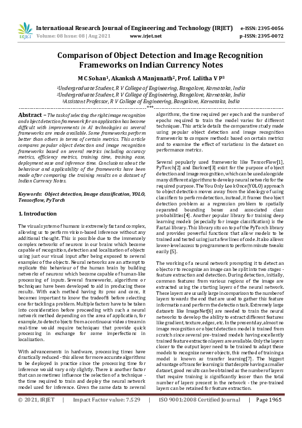 Pdf Irjet Comparison Of Object Detection And Image Recognition 8924