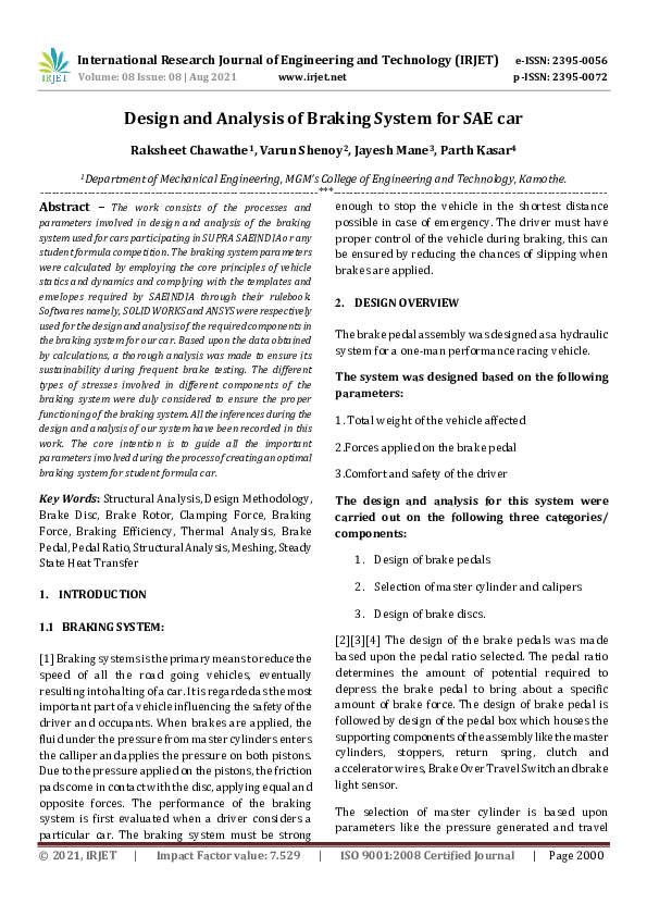 (PDF) IRJET- Design and Analysis of Braking System for SAE car