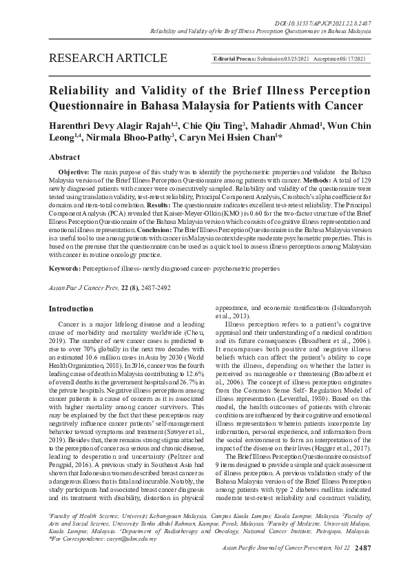 (PDF) Brief Illness Perception Questionnaire for Patients with Cancer ...