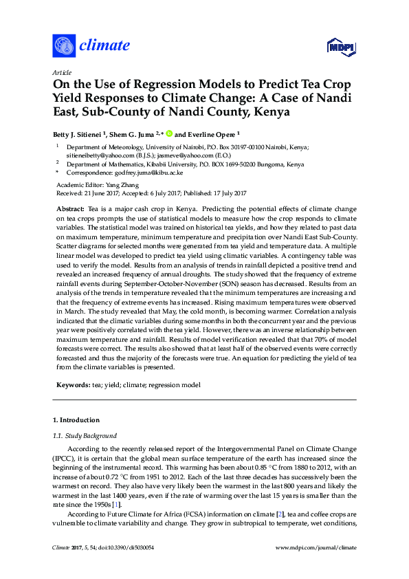 (PDF) On the Use of Regression Models to Predict Tea Crop Yield ...